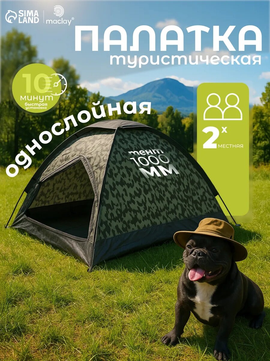 Палатка туристическая 2-местная maclay fisht sme 2, 205×150×105 см, трекинговая, однослойная, цвет микс