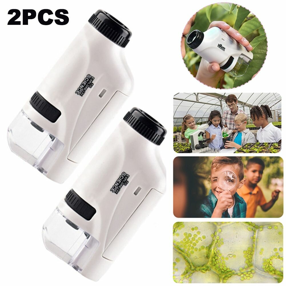 2 шт. Мини-карманный микроскоп, 60-120x, ручной, работает на батарейках, светодиодная подсветка