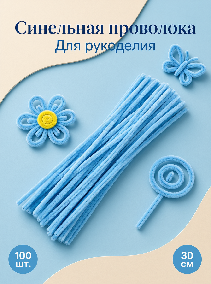 Синельная проволока, пушистая проволока для рукоделия, цвет голубой, 100 шт, 30 см