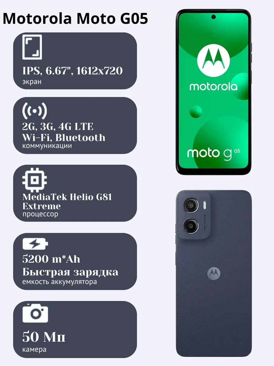 Смартфон Motorola Moto G05, IPS экран, 6,67", Android 15, камера 50 МП, 128ГБ памяти РСТ