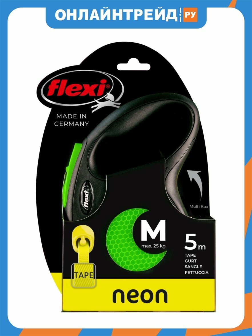 Поводок-рулетка Flexi New Neon М, 5 м, 25 кг, зеленый