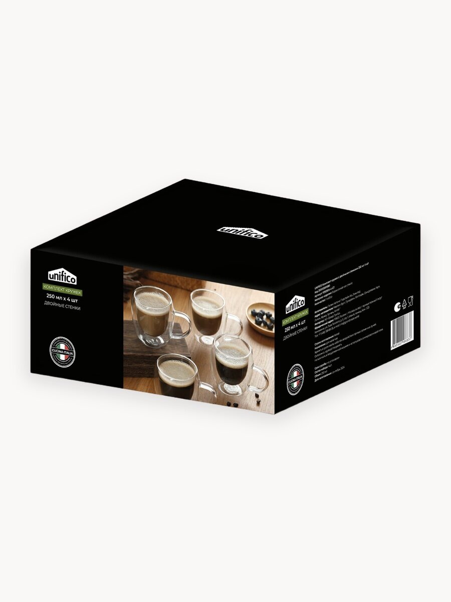 Набор кружек UNIFICO с двойными стенками, 4 шт, жаропрочное стекло, 250 мл