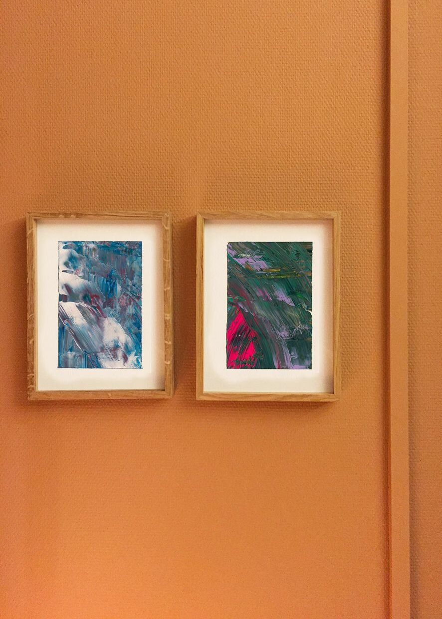 Авторские картины на бумаге «Ледяной ветер» и «Пурпурный цветок» (набор из 2 картин), 22х17 см, акрил, абстракция