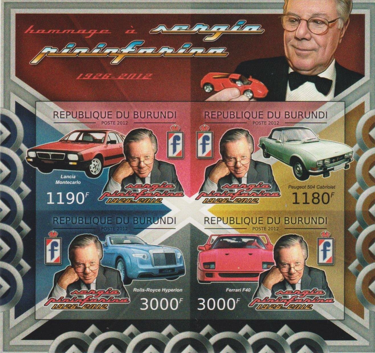 Почтовые марки Бурунди 2012г. "Автомобили - Серджио Пининфарина, 1926-2012 гг." Автомобили MNH
