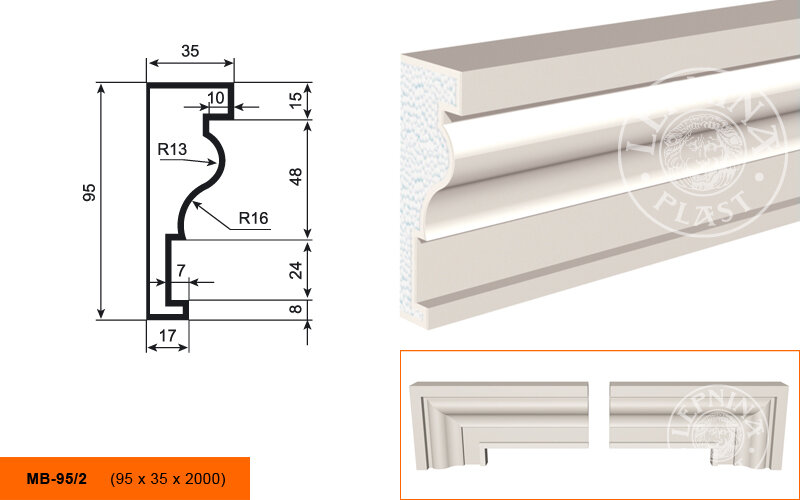 Молдинг Lepninaplast МВ-95/2, фасадный, армированный, пенополистирол ПСБ-С-35, 2 метра, 1 шт.