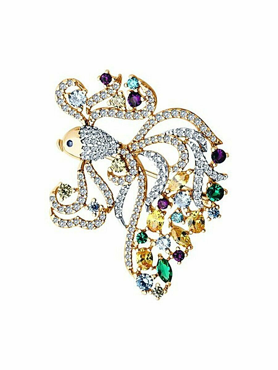 Брошь, серебро, 925 проба, золочение, фианит