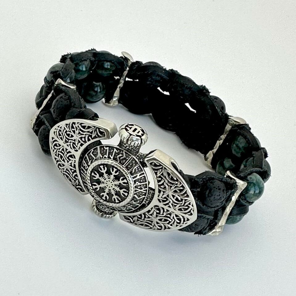 Плетеный браслет, кожа, вулканическая лава