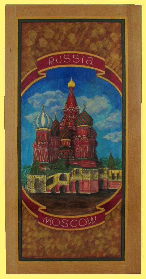 Нарды, шашки Храм Василия Блаженного (светлая рамка, прямые, большие, ручная роспись, с домом для фишек)