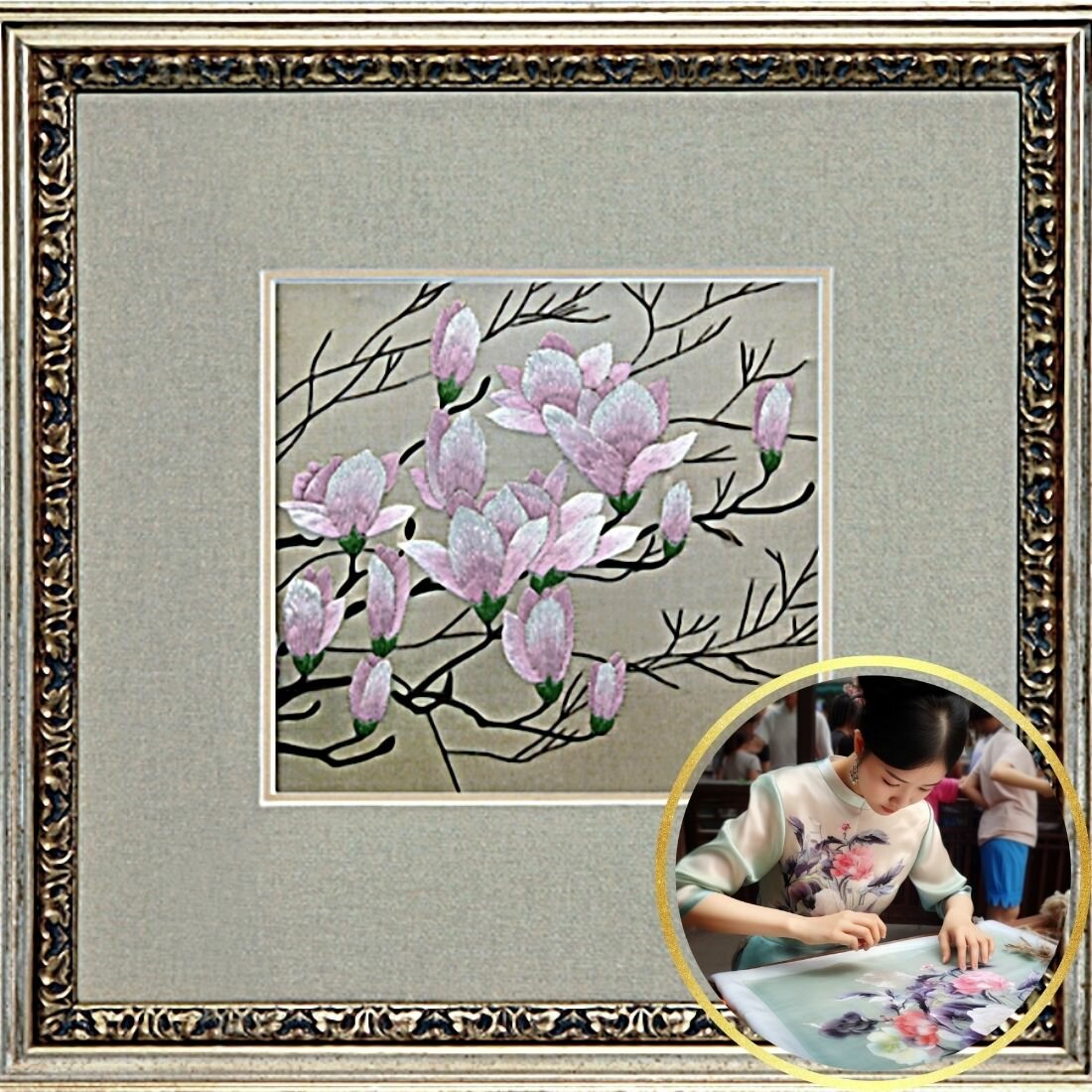 Декоративная настенная картина Живой Шелк Нежная ветка магнолии, вышивка шелком ручной работы с 3D эффектом, см 41х41х3/ багет+паспарту