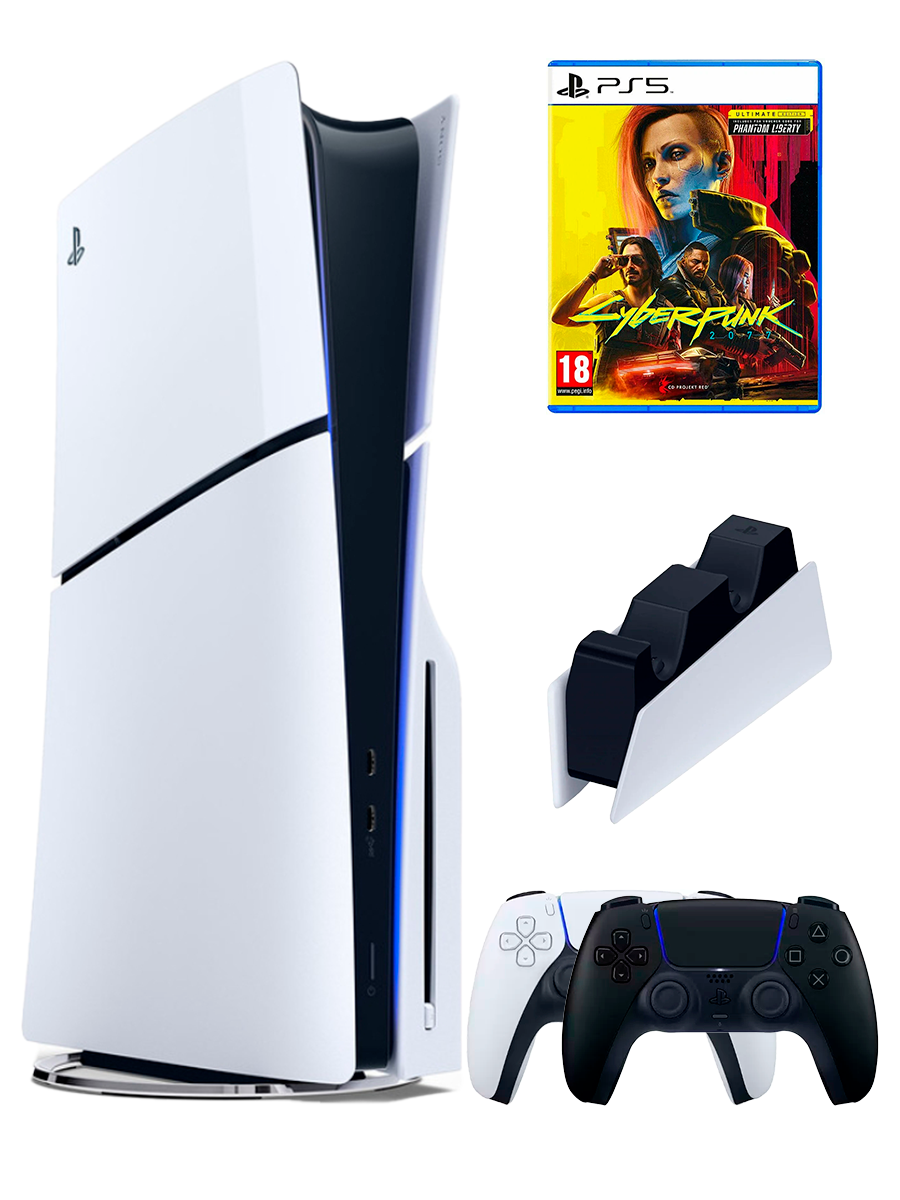 PS5 (ПС5) Игровая приставка Sony PlayStation 5 Slim disc + 2-й геймпад(черный) + зарядное + игра Cyberpunk