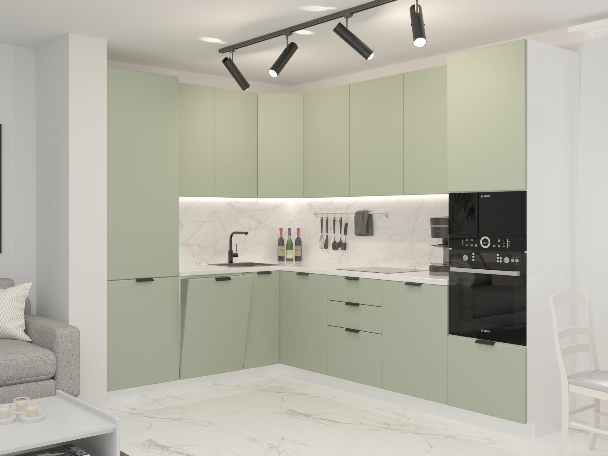 Кухонный гарнитур Фьюжн, Зеленый Матовый, 2200/3000 мм