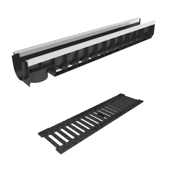 Лоток водоотводный усиленный Gidrolica DN100 H138 мм с чугунной щелевой решеткой и крепежом класс С250