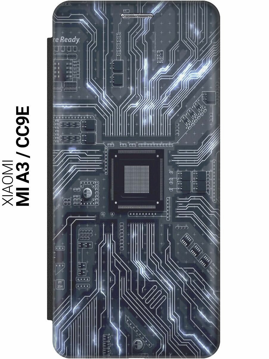 Чехол-книжка на Xiaomi Mi A3, CC9e, Сяоми Ми А3, Ми СС9е с 3D принтом "Синяя микросхема" черный