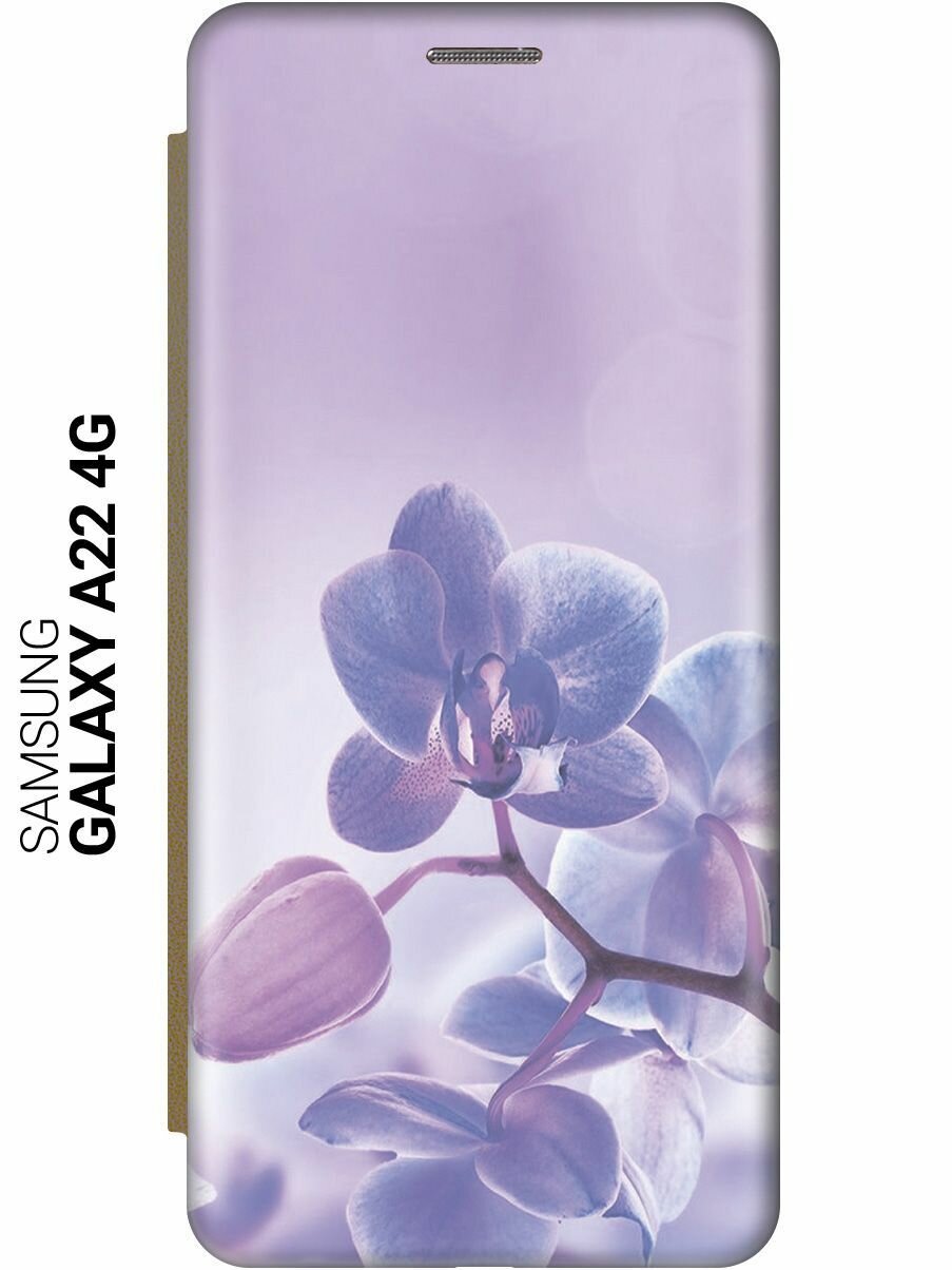 Чехол-книжка на Samsung Galaxy A22, M32, M22, Самсунг А22, М32, М22 с 3D принтом "Лиловые орхидеи" золотой