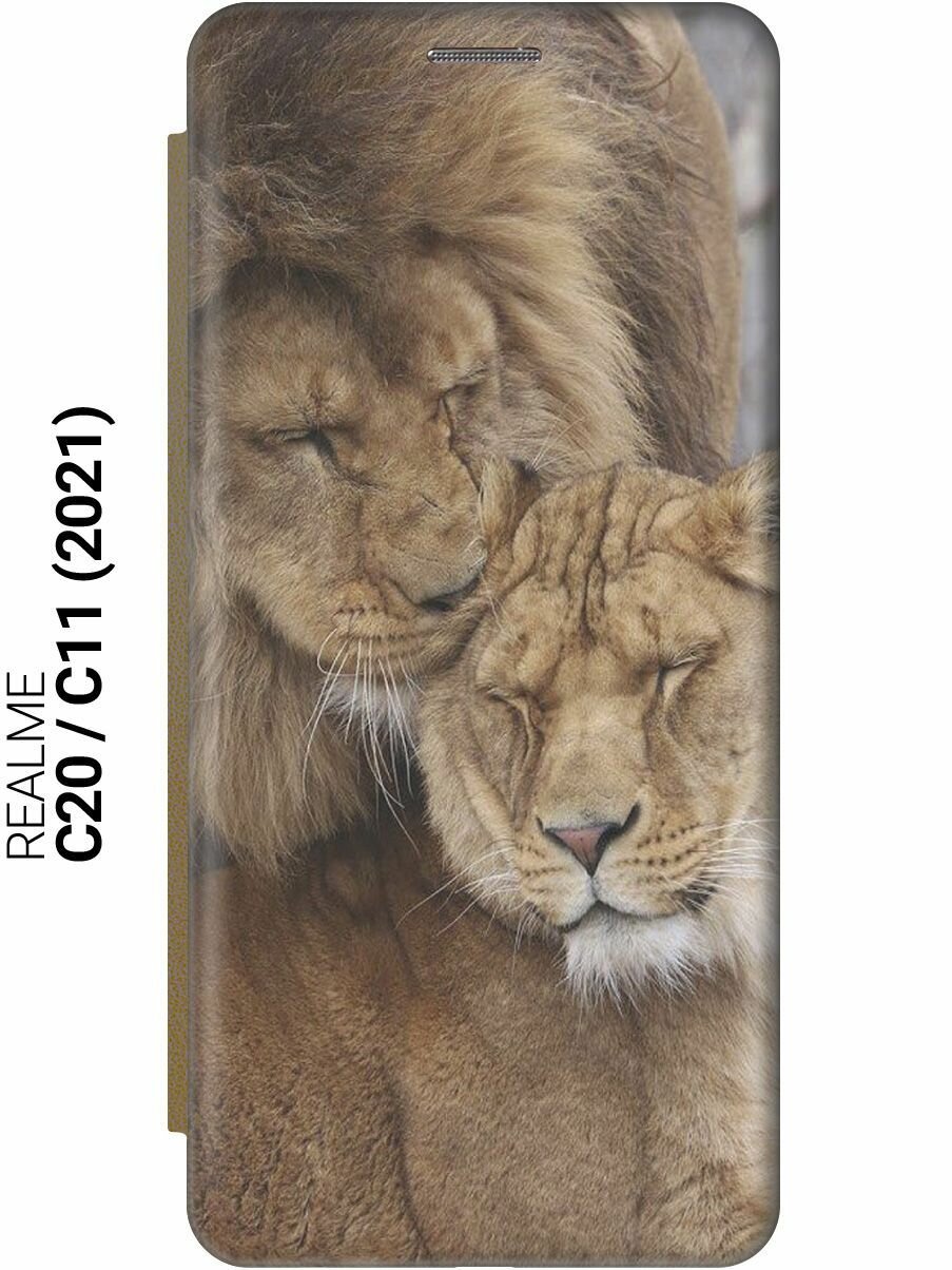 Чехол-книжка на realme C20, C11 (2021), Рилми С20, С11 (2021) с 3D принтом "Милые львы" золотой
