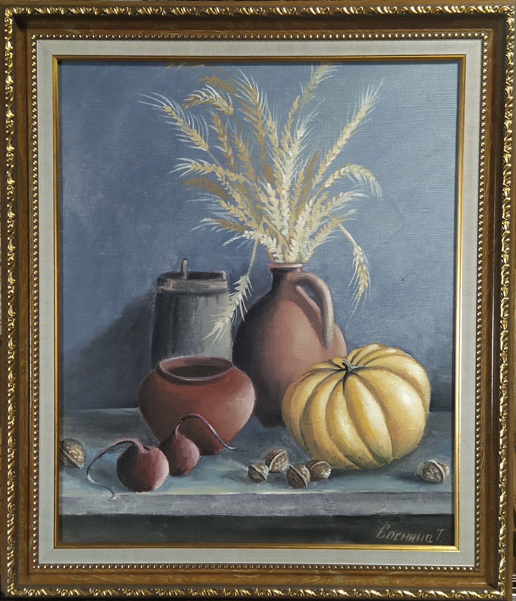 Овощной натюрморт "Натюрморт с тыквой и злаками" картина маслом на холсте 50*43 см, ручная работа, Соснина Татьяна, магазин Три сосны.