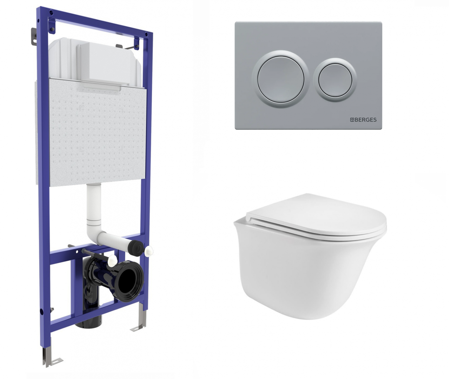 Комплект 3 в 1 инсталляция Berges Novum O2 + Подвесной унитаз WeltWasser Telbach 004 GL-WT с кнопкой матовой хром