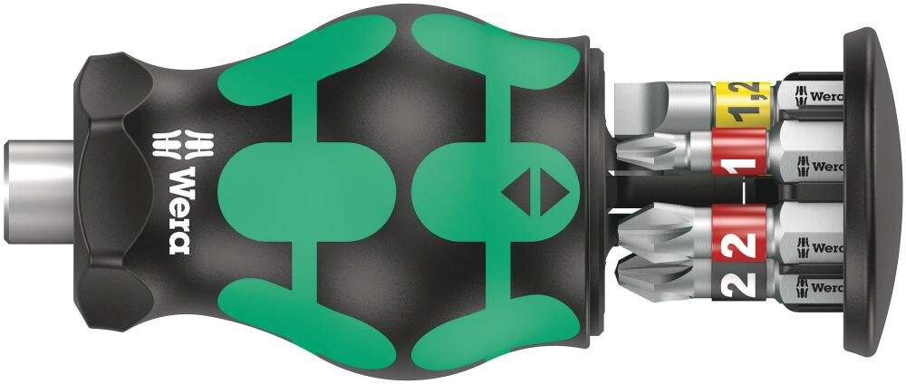 Kraftform Kompakt Stubby Magazin 2 короткая Отвёртка-битодержатель с битами, магнит, 6 пр, SL: 0.8x5.5/1.2x6.5, PH 1/2, PZ 1/2 Wera WE-008874