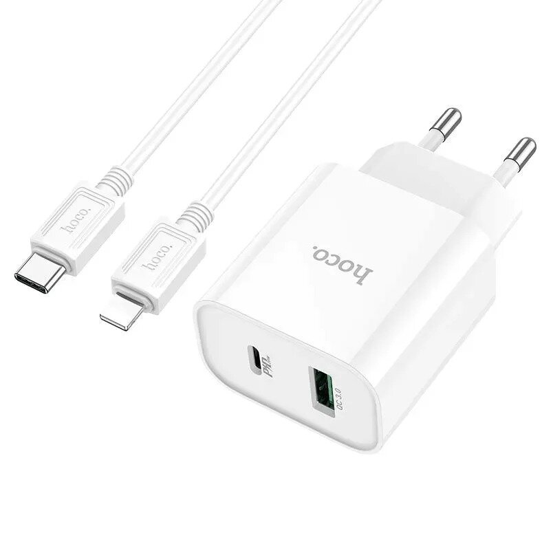 Сетевая зарядка Type-C, USB, Hoco C80A Plus, PD20W QC3.0, с кабелем Type-C - Lightning, белый