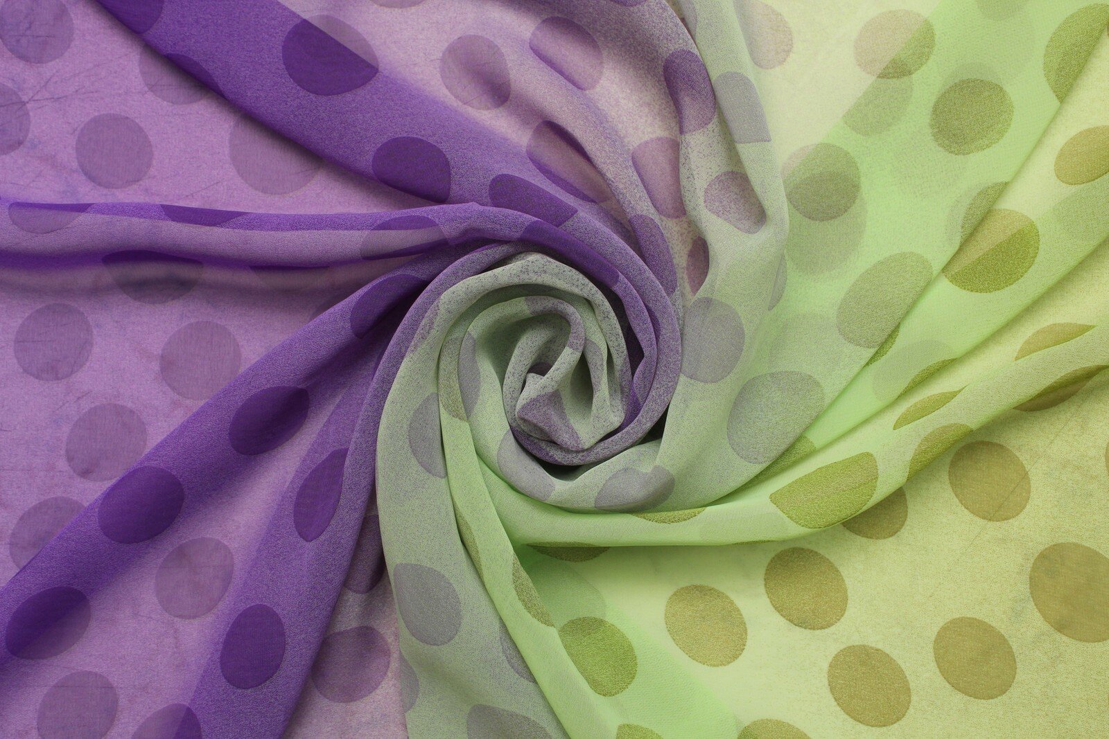 Ткань Шифон горохи на переходе цветов бирюзово-фиолетовый-зелёный, ш140см, 0,5 м
