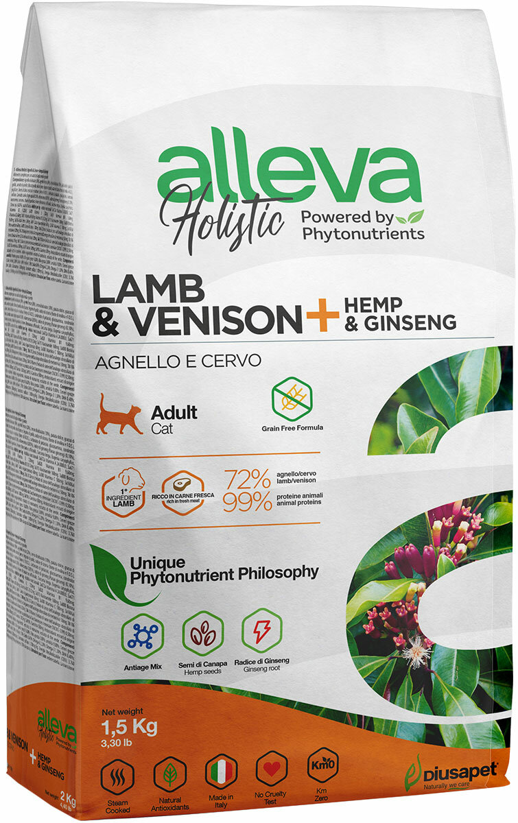 Корм сухой Alleva Holistic Adult & Sterilized Cat Lamb & Venison беззерновой для взрослых кошек, ягненок оленина конопля женьшень, 1,5 кг