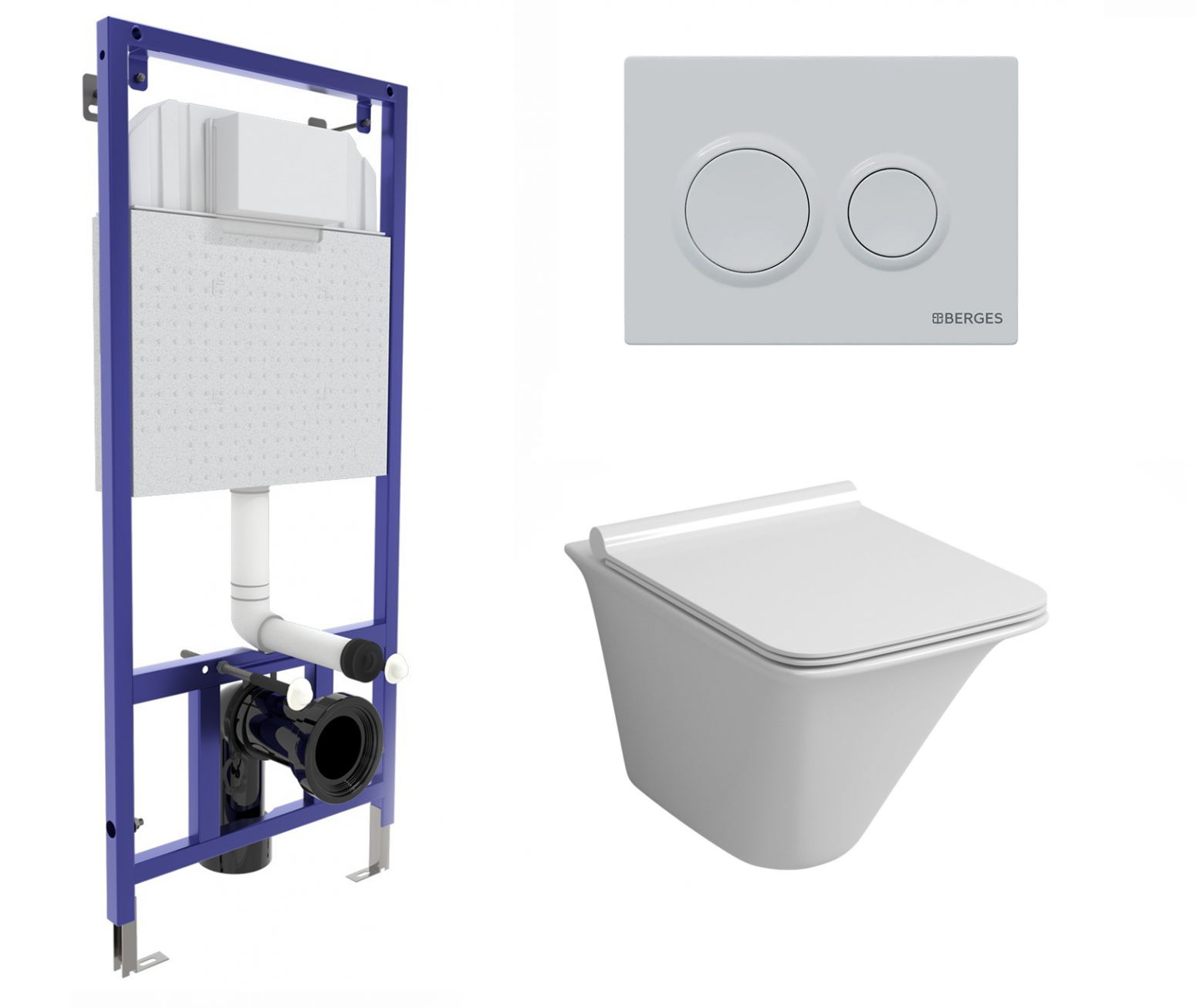 Комплект 3 в 1 инсталляция Berges Novum O4 + Подвесной унитаз Grossman GR-4413S с кнопкой белой 040264 + GR-4413S
