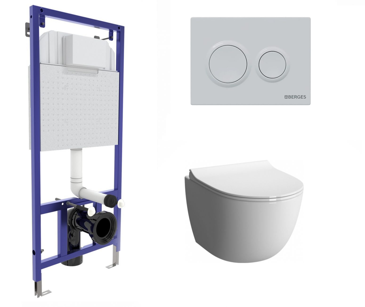 Комплект 3 в 1 инсталляция Berges Novum O4 + Унитаз подвесной VitrA Sento 7748В003-0075 с кнопкой белой
