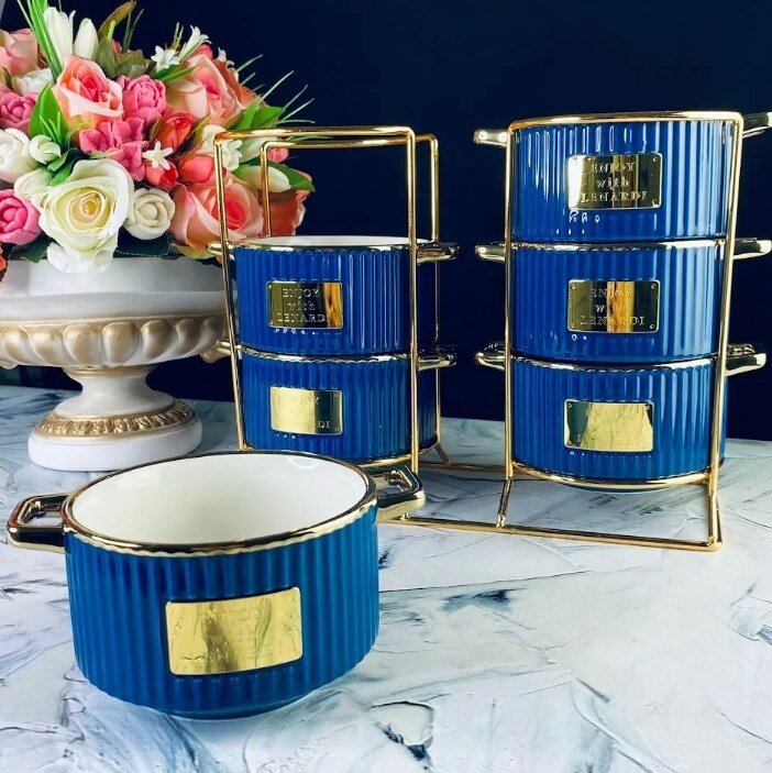 Набор из 6 бульонниц 500мл MULTICOLOR на подставке, Фарфор 106-337 118-106-337