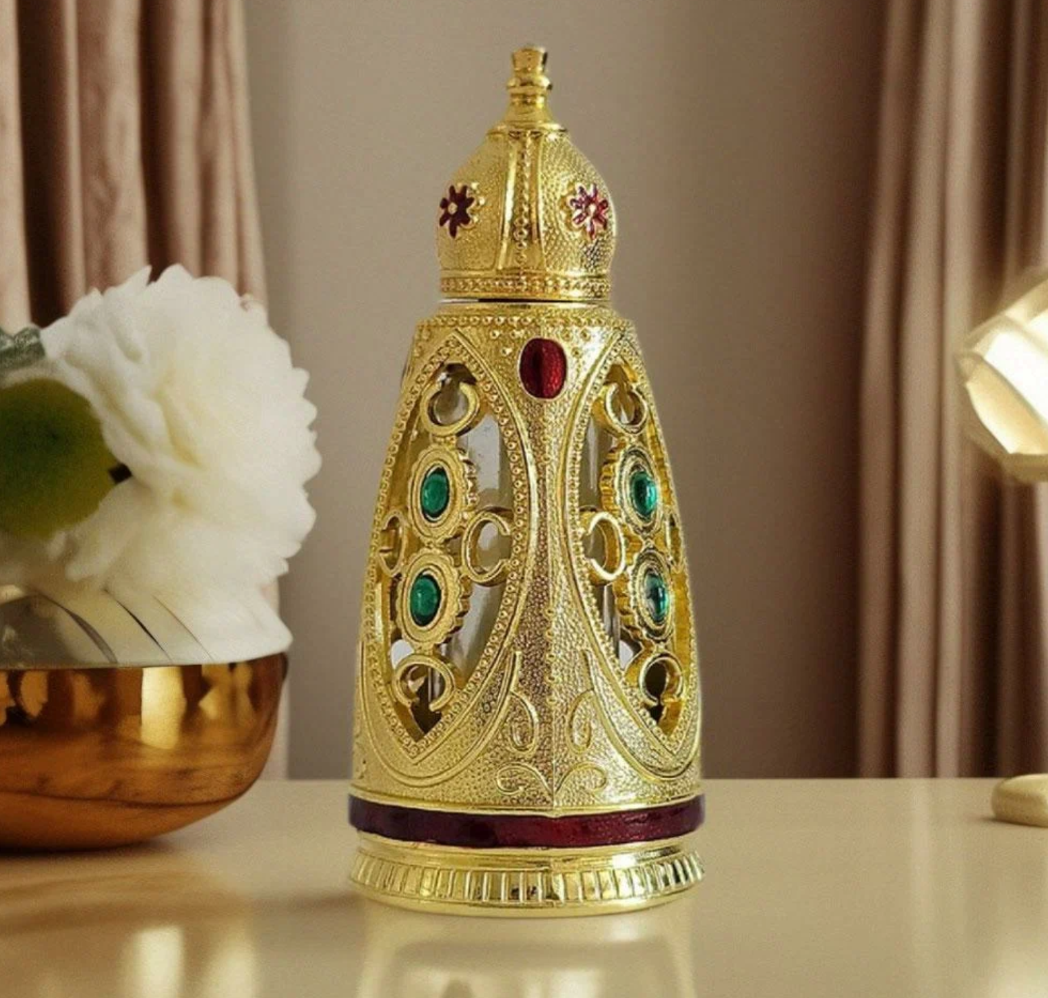 Флакон для масляных духов, объем 12мл, стекло, металл, камни, цвет золотой