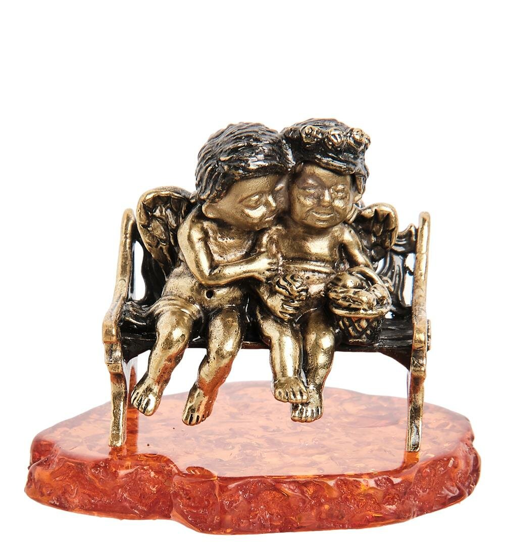 Фигурка Ангелочки с корзинкой цветов (латунь, янтарь) A2101922 Народные промыслы бронзовый