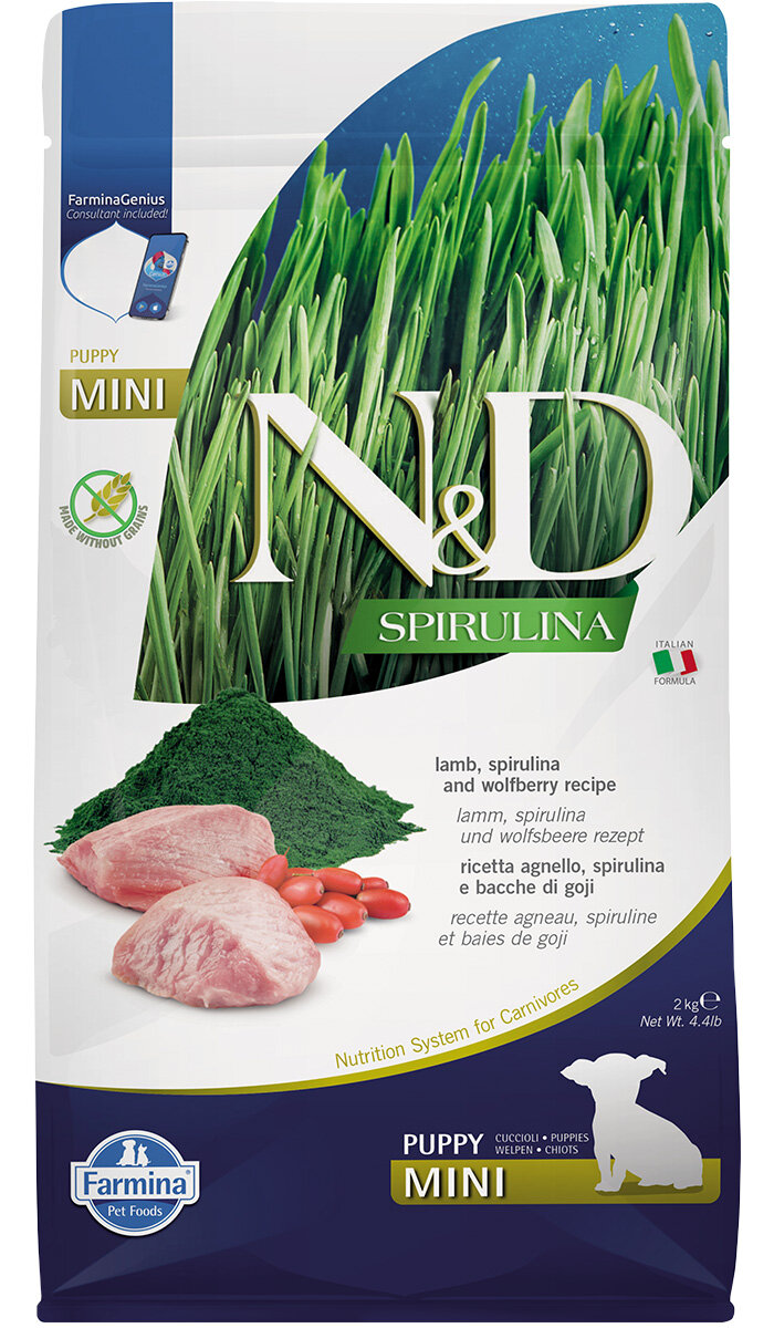 FARMINA DOG N&D GF SPIRULINA PUPPY MINI LAMB&WOLFBERRY безз щенки мал ягненок, яг годжи, спирулина 2 кг