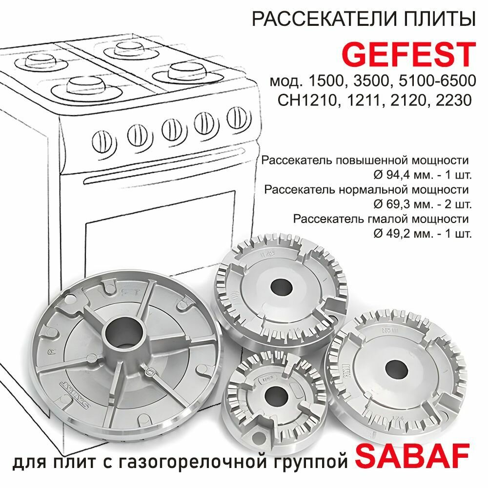 Конфорки газовой плиты GEFEST моделей 1500, 3500, 5100-6500, CH1210, 1211, 2120, комплект SABAF с розжигом