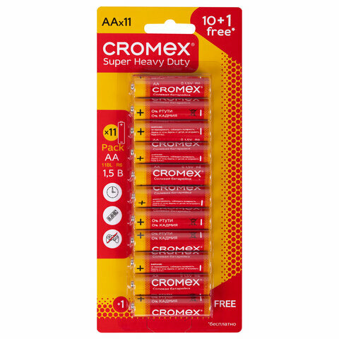 10 шт. Батарейки солевые "пальчиковые" комплект 10+1 шт, CROMEX Super Heavy Duty, AA (R6,15A), блистер, 456256