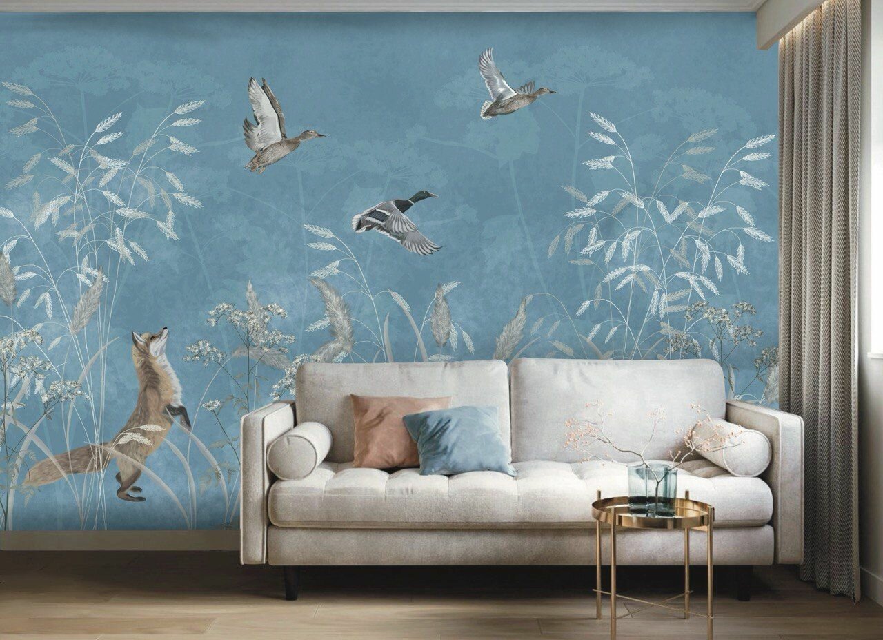 Фреска бесшовная "Лиса и утки в колосках" серо-голубой (ширина 3100мм х длина 6000мм)