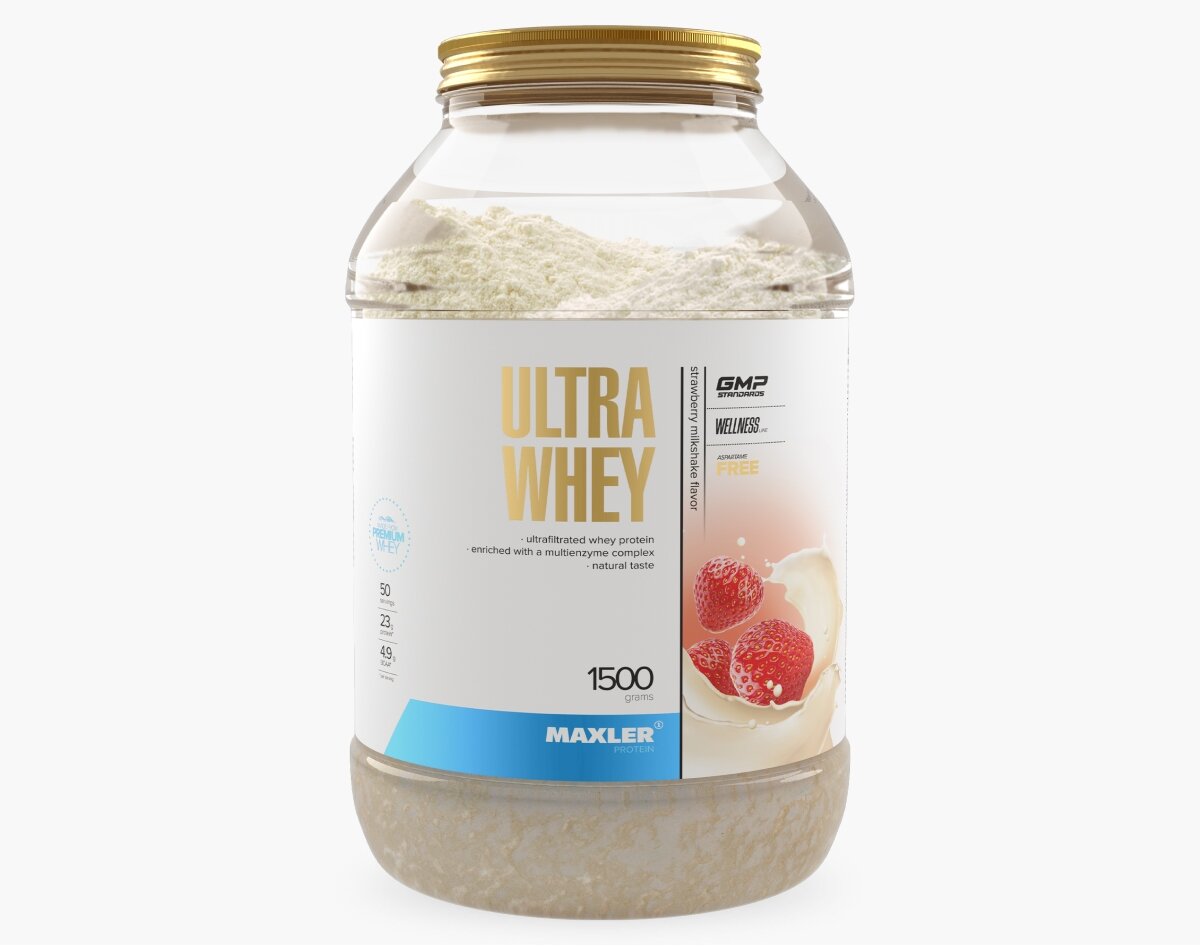 Протеин сывороточный Рост мышечной массы Ultra Whey 1500 гр (Maxler) Клубничный молочный коктейль