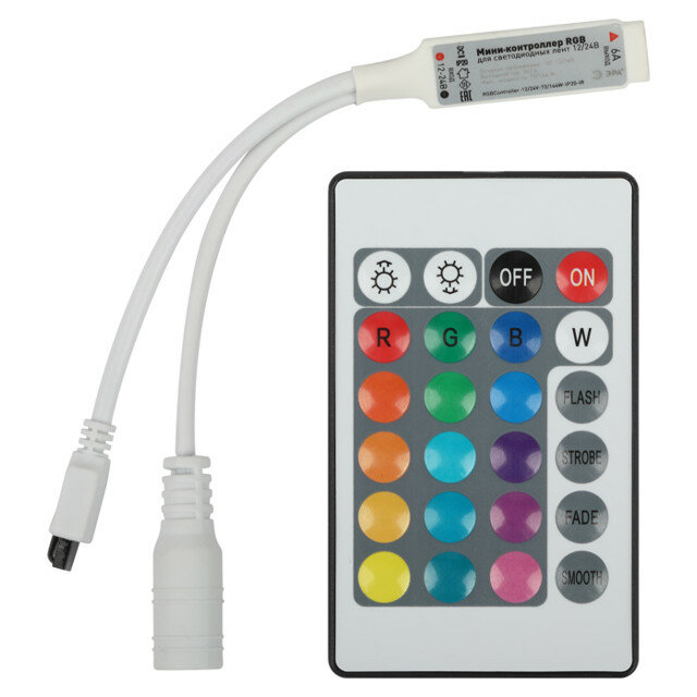 ЭРА RGB контроллер 72-144Вт 12-24В IP20 с ИК пультом для светодиодной ленты и режимами работы