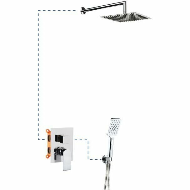 Душевой комплект AQG (акуг) Alpha, на 2 потребителя с квадратным верхним душем 25х25см и кронштейном 35см, хром, 19ALPEC21602