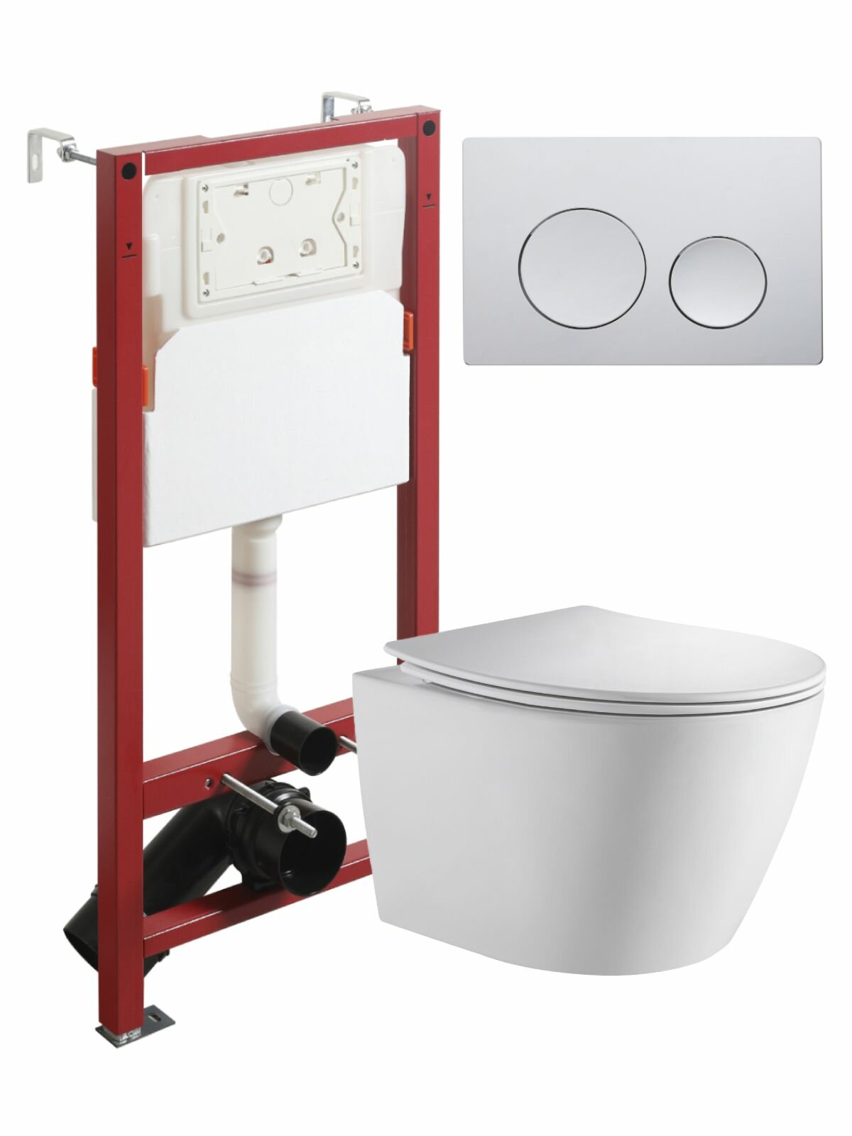 Унитаз подвесной безободковый белый с инсталляцией, микролифт, кнопка смыва хром Orange CI07-150W+APB100