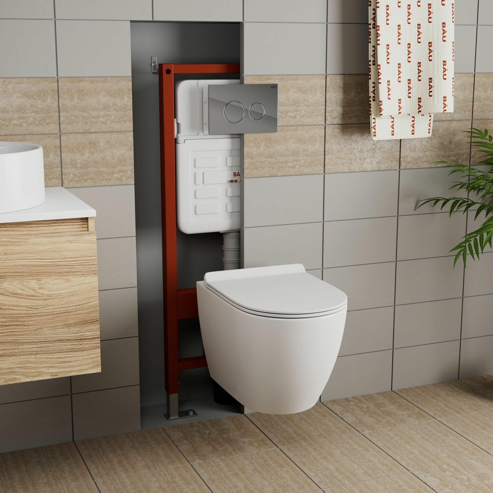 Комплект BAU 6 в 1: усиленная инсталляция BAU IDEAL, унитаз подвесной безободковый Bau Dream 53, сиденье дюропласт микролифт, клавиша BAU Wheel антивандальная, нерж. сталь хром