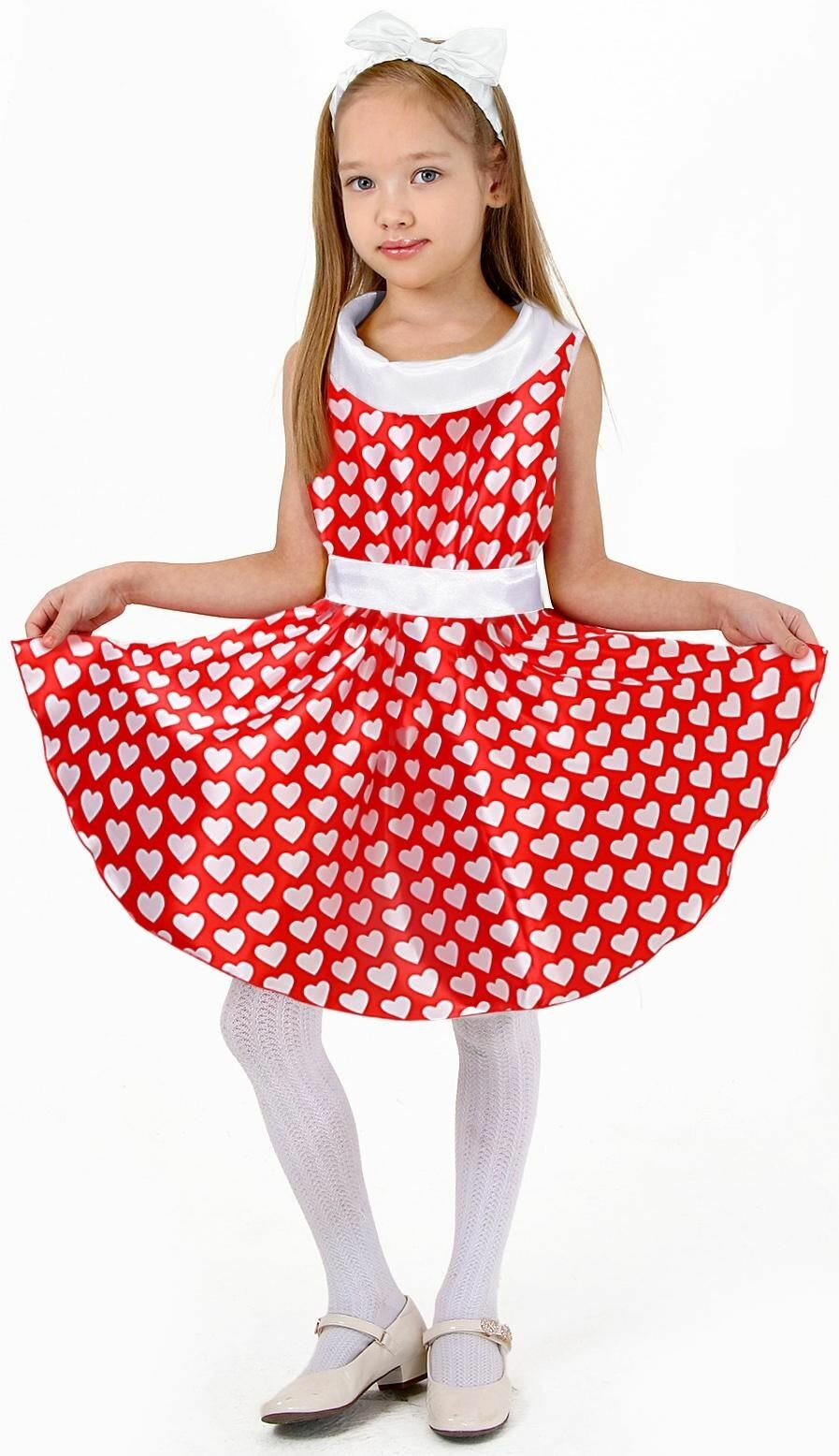 Карнавальный костюм Стиляги платье красное с белыми сердцами, повязка, р. 36, рост 140 см