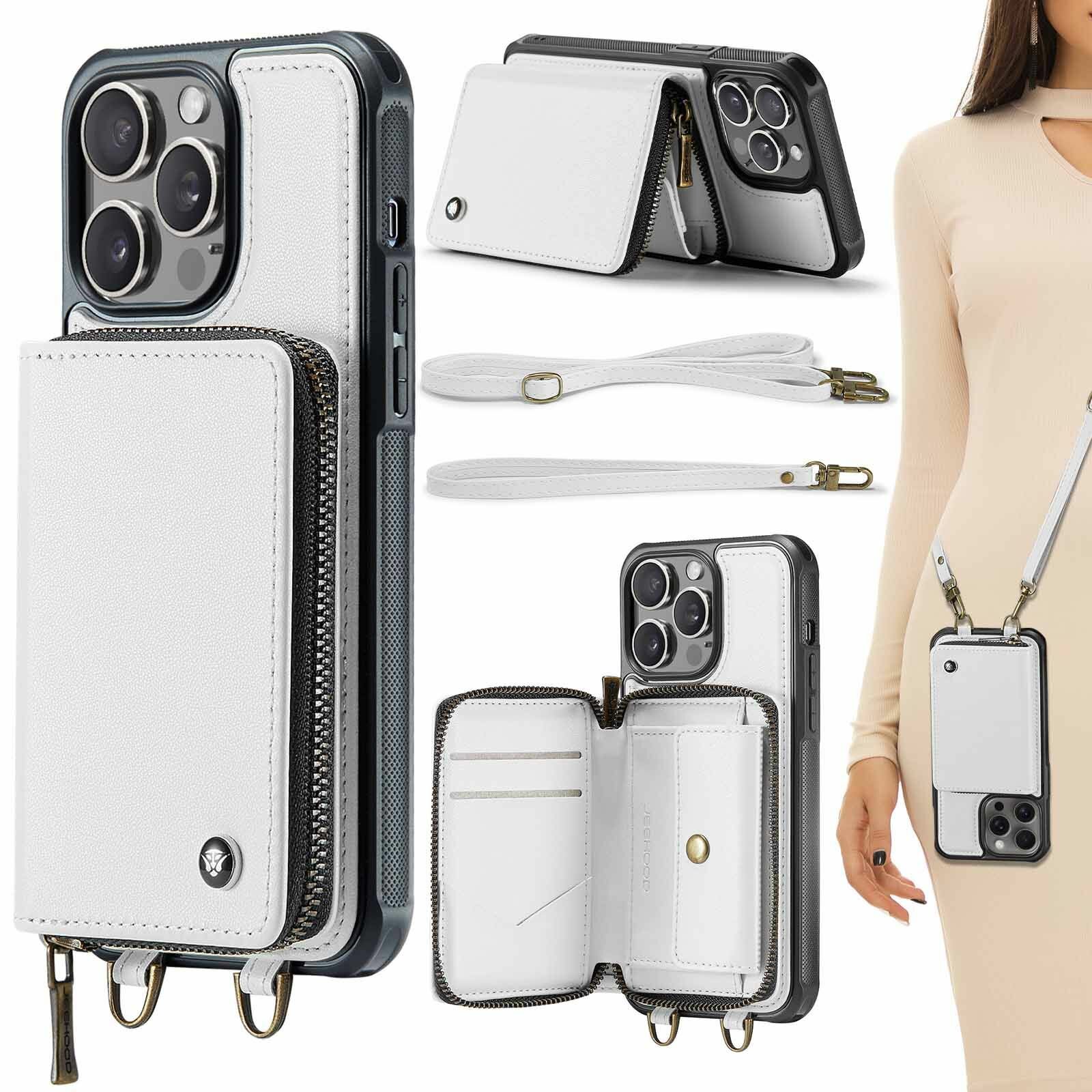 JEEHOOD Кожаный чехол для Apple iPhone 15 Pro (Эпл Айфон 15 Про) с ремешком через плечо и шнурком с блокировкой RFID, держателем для карт и подставкой
