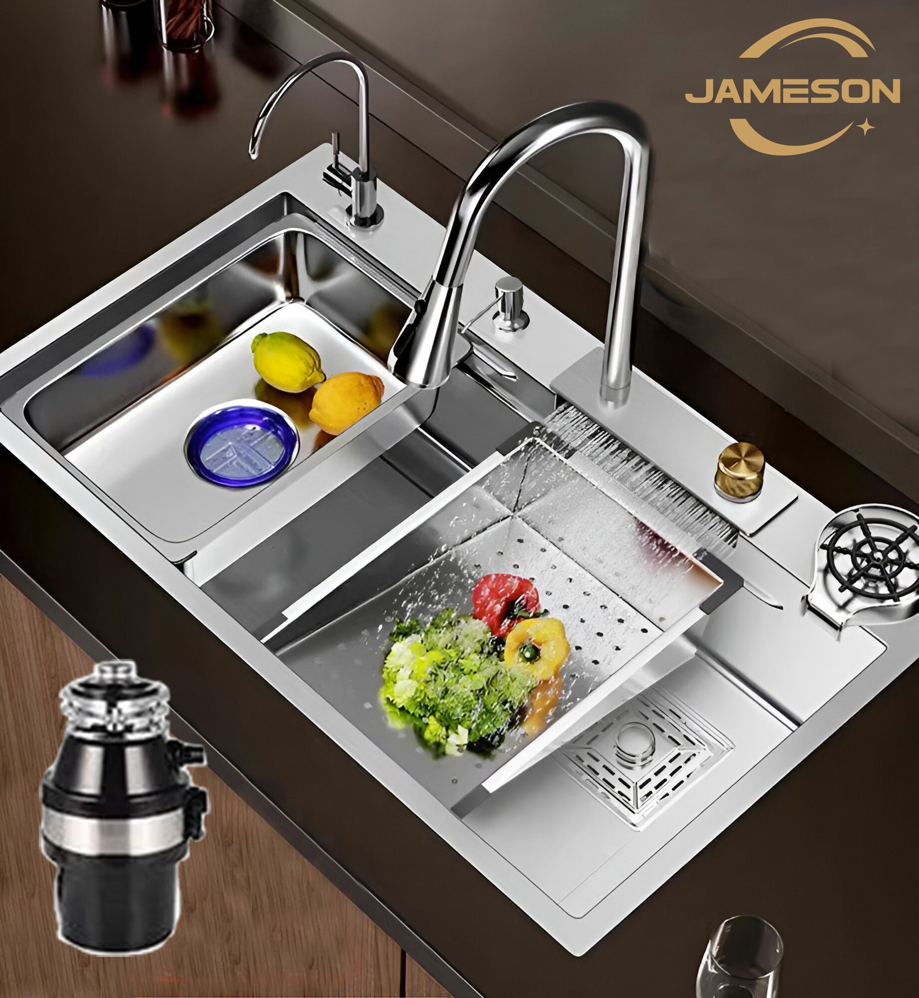Мойка для кухни JAMESON хром Полный комплект с Измельчитель бытовых отходов /выдвижным краном, краном для мойки чашек/очистки воды, автоматическим контролем слива и т. д.