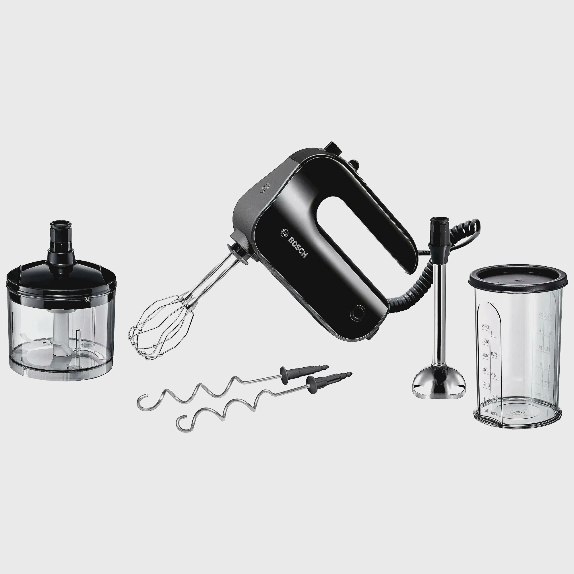 Миксер Bosch MFQ4980B, ручной, 850 Вт, 5 скоростей, 4 насадки, венчики из нержавеющей стали, черный