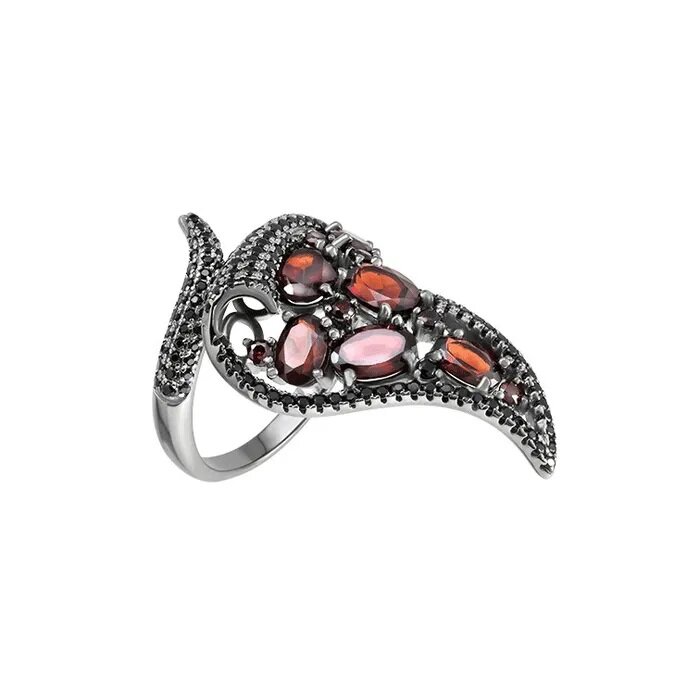Кольцо, серебро, 925 проба, чернение, родирование, гранат, циркон