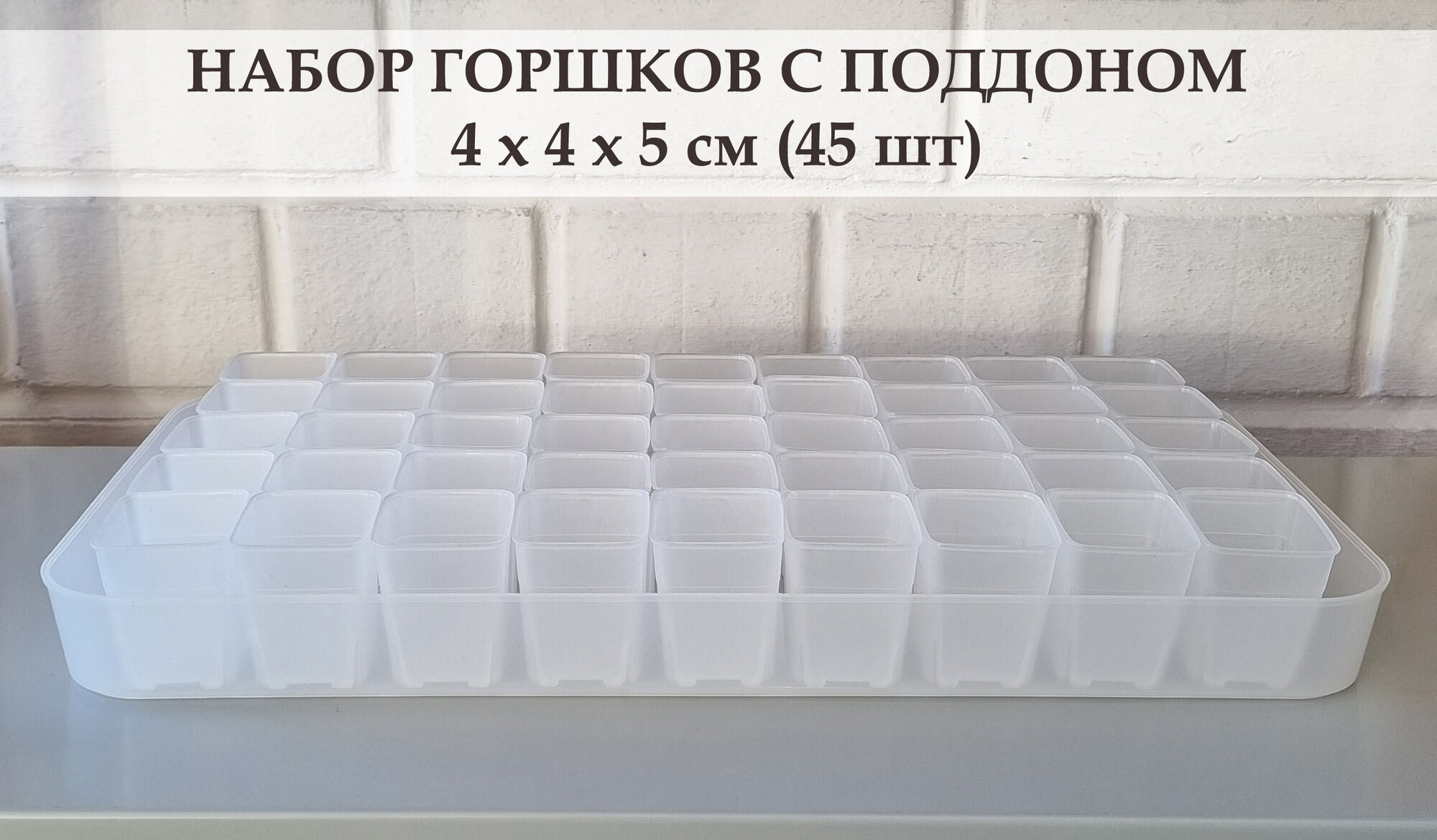 White Garden Прозрачные высокие горшки для суккулентов. Набор горшков с поддоном, 4х5 см, 45 шт