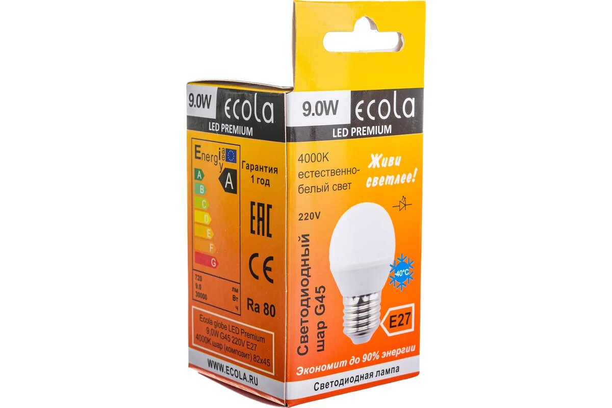 Светодиодная лампа Ecola globe LED Premium 9,0W G45 220V E27 4000K шар /композит/ 82x45 K7QV90ELC