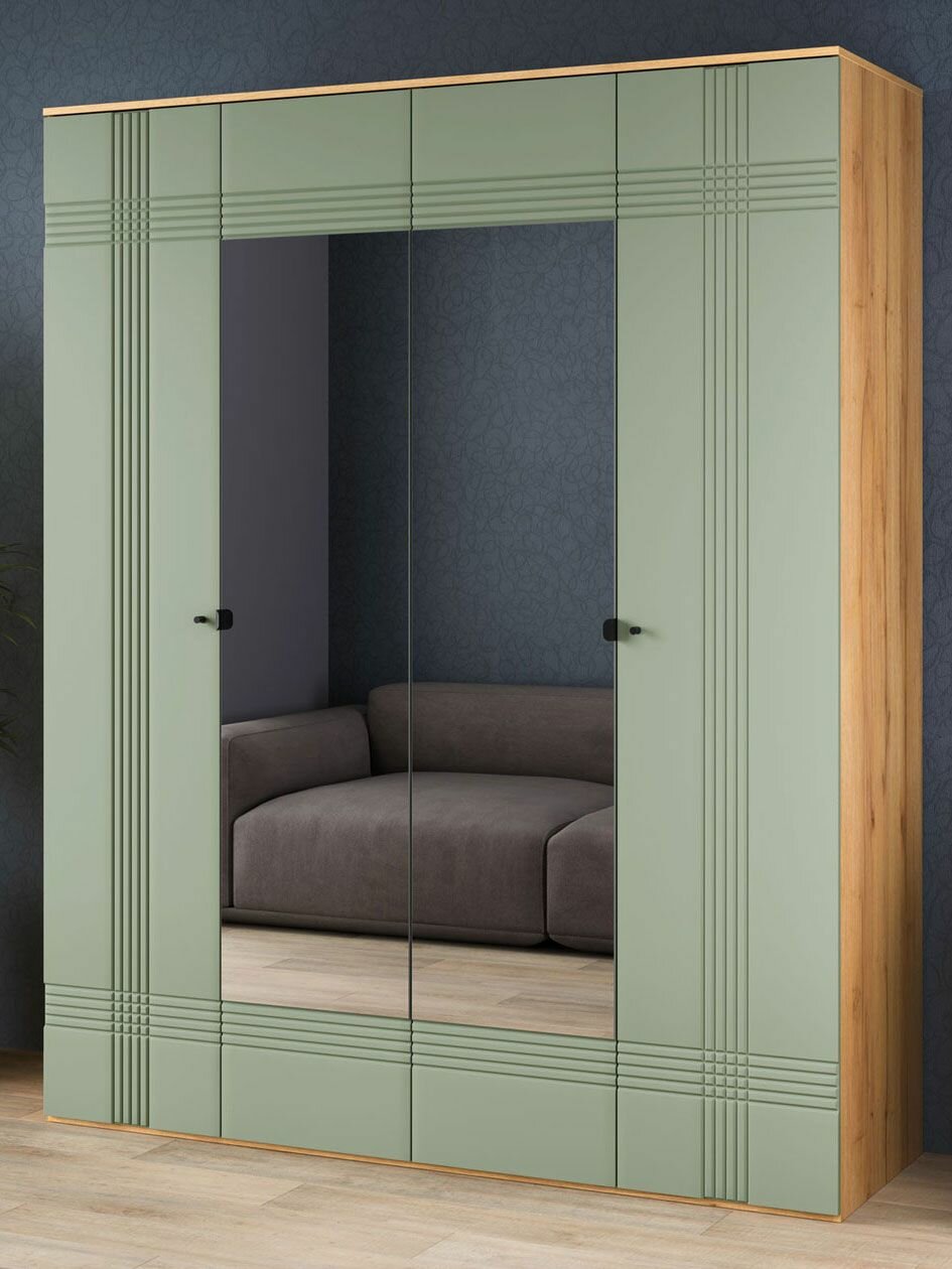 Распашной шкаф для одежды и хранения вещей Вега Саксония с полками, с зеркалом, с доводчиками, 179.8х57.4х221.6 см, Дуб Крафт золотой, ЛДСП / Серо-зеленый, МДФ / Зеркало