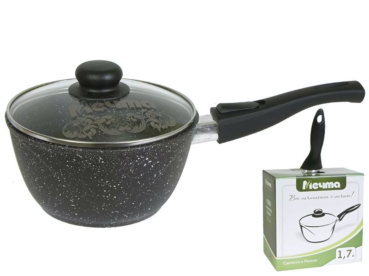 Ковш 1,7л со съемной ручкой и стеклянной крышкой, антипригарное покрытие «Гранит», алюминий литой, черный