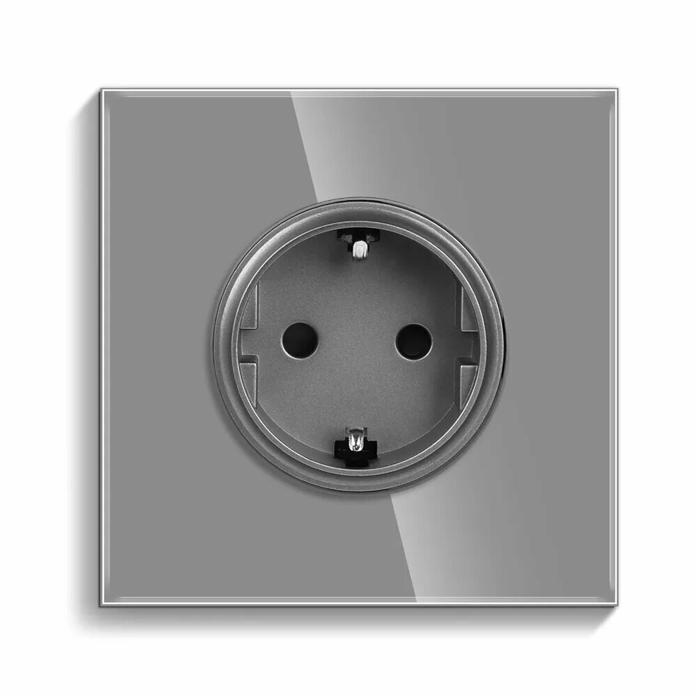 Розетка электрическая с заземлением, розетки 250V 16A, панель закаленное стекло, цвет серый