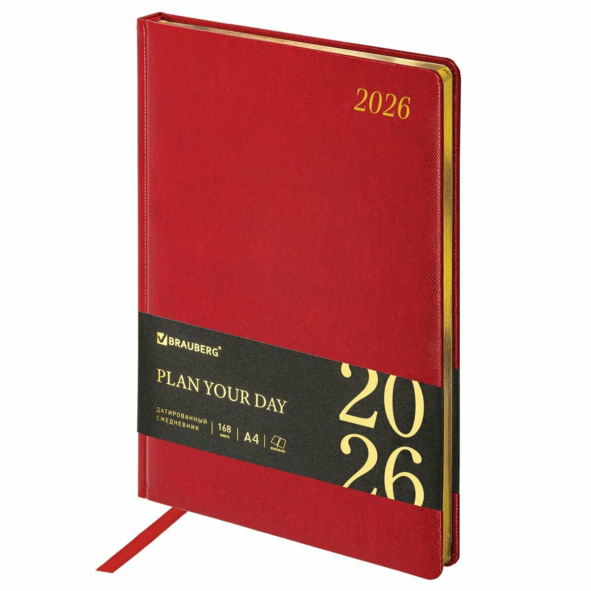 Ежедневник датированный на 2026 год А4 Brauberg Iguana (168 листов), под кожу, красный (117246)